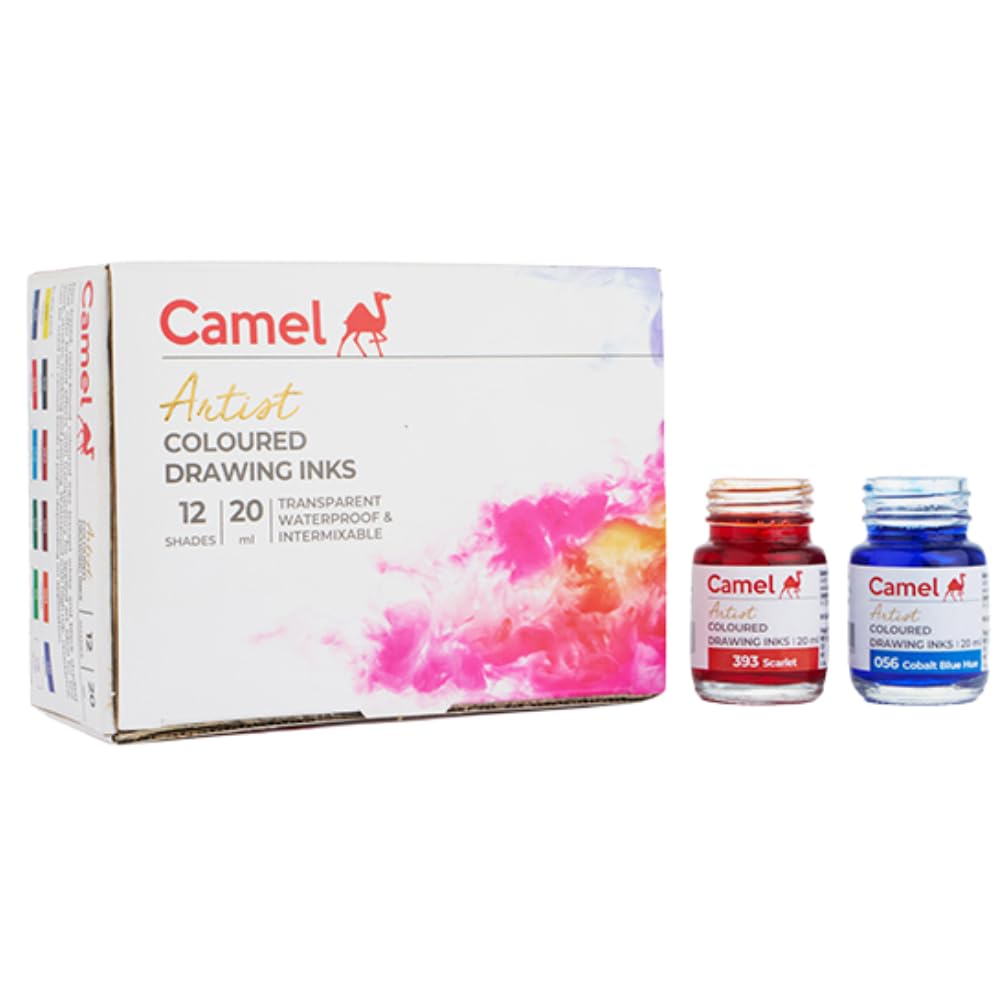 "Camlin 12-Color Drawing Inks (20ml) - Artist Quality Water-Based Set"